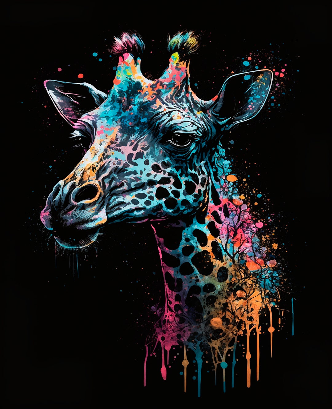 Graffiti Giraffe Multicolor Png Image on Black Background Illustration ...