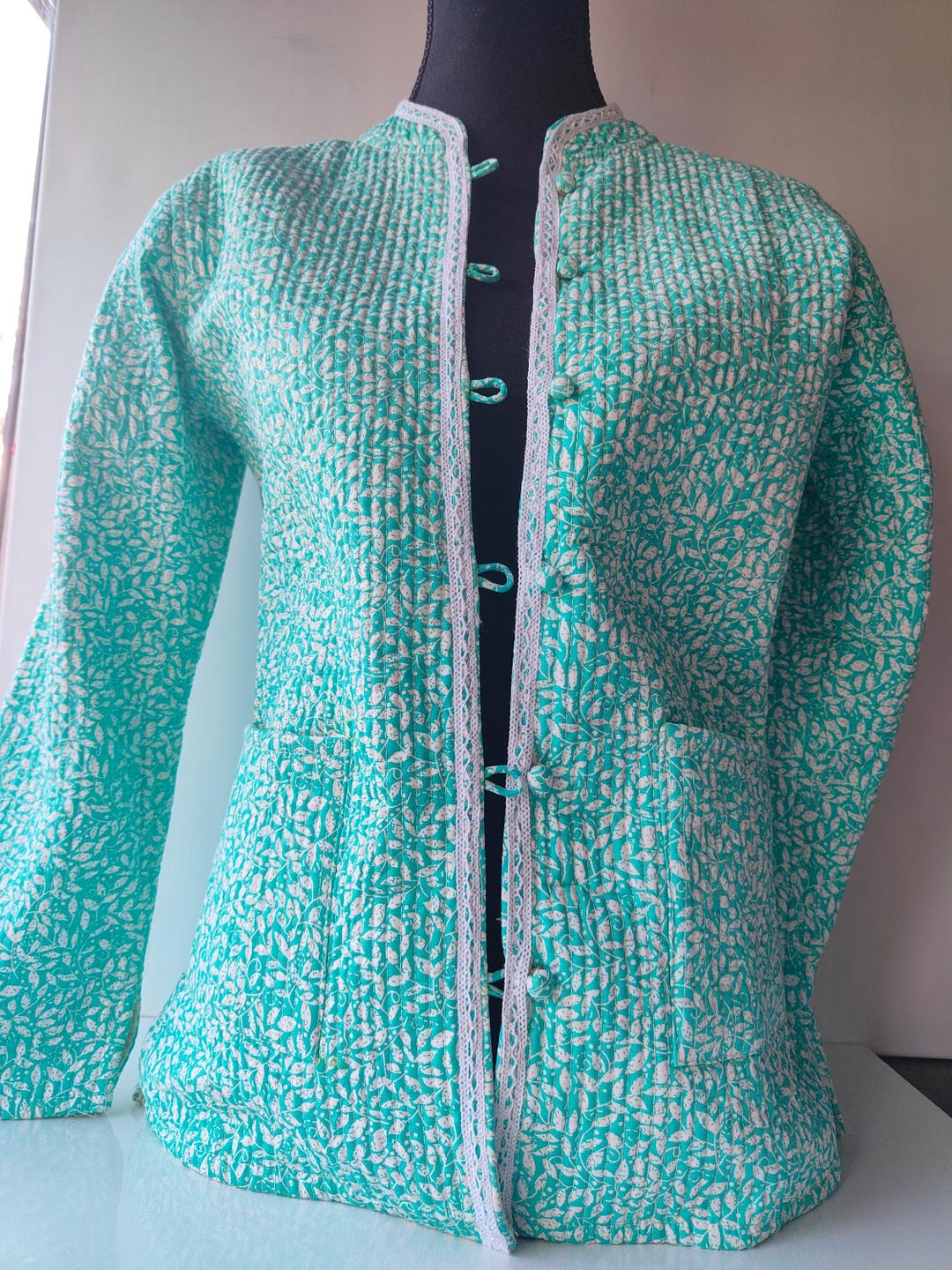 Mint Floral Quilted Cotton Jacket, Openwork Braid, Reversible Blazer - Etsy