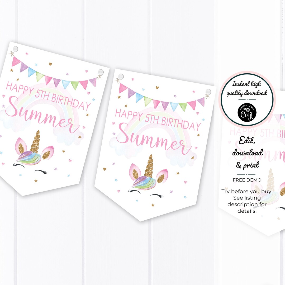 Unicorn Happy Birthday Bunting - Instant Digital Download ...