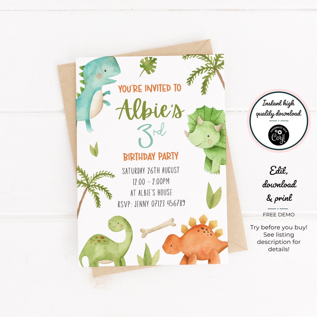 Watercolour Dino - Party Invitations - Instant Digital Download ...