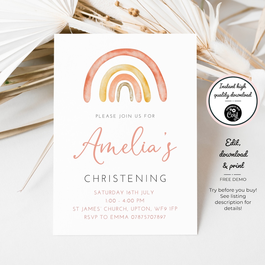 Boho Rainbow - Christening Invitations - Instant Digital Download ...
