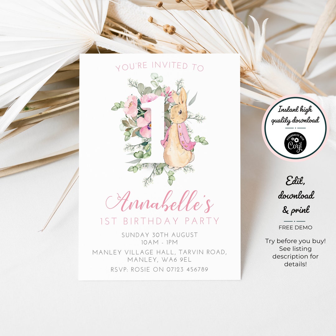 Editable Personalised Birthday Invitations Pink Bunny Rabbit - Etsy