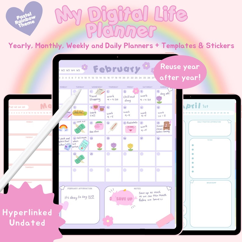 Pastel Digital Planner Undated Digital Planner Cute - Etsy