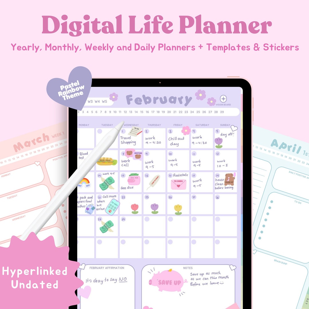Pastel Digital Planner | Undated Digital Planner | Cute Digital Planner ...
