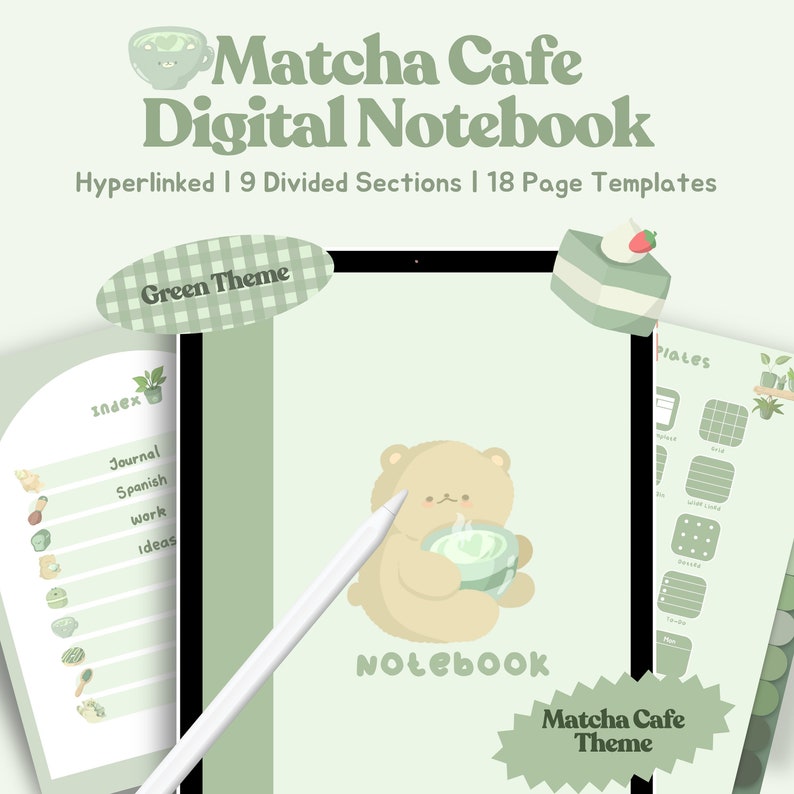 Matcha Cafe Digital Notebook: Kawaii Green Theme (PDF) - Etsy