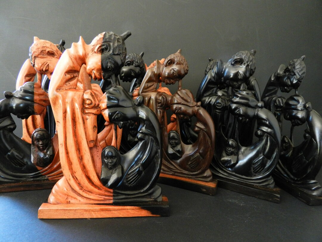 Holy Family Wooden Christmas Crib, Nativity Sculpture Ebony Wood Cubism ...