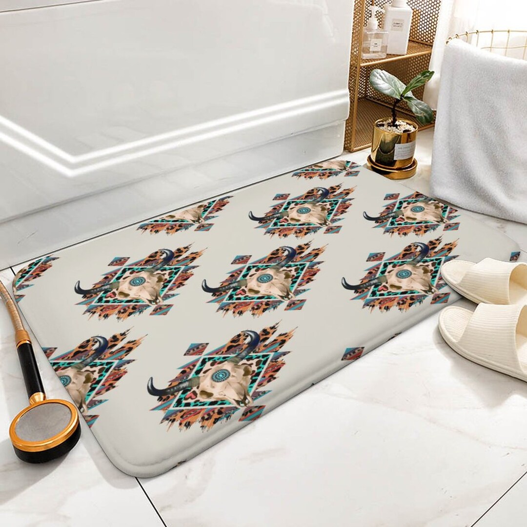 Aztecs Bath Mat, Cow Shower Mat, Western Cow Skull Bathroom Mat, Floor ...