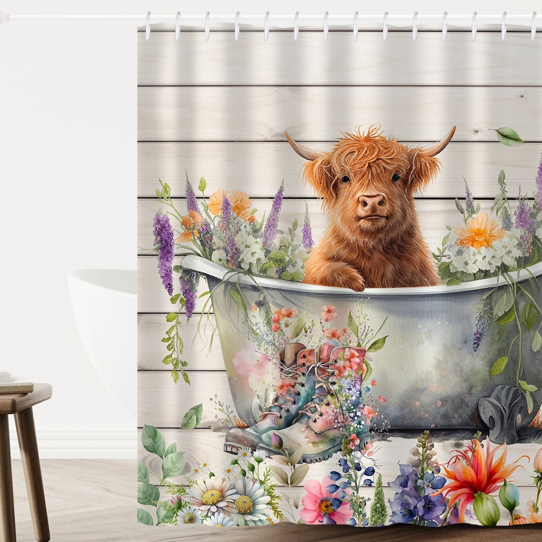 Highland Cow in Bathtub Shower Curtain, Baby Cow Flower Crown Shower ...