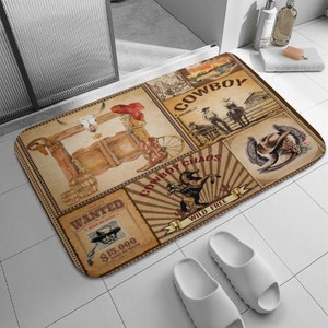 Rustic Cowboy Bath Mat, Farmhouse Cowboy Hat Boots Shower Mat, Floor ...