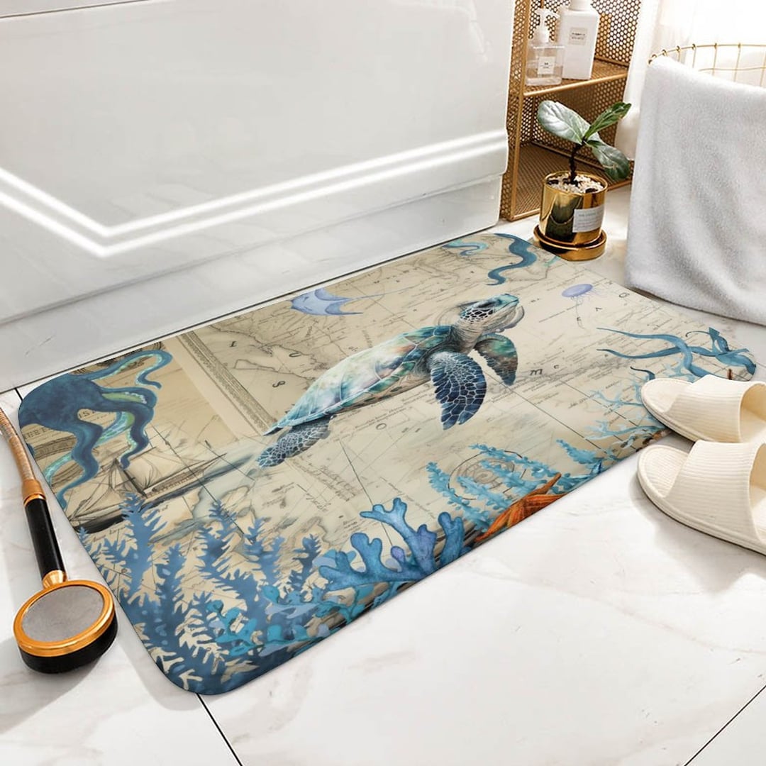 Nautical Bath Mat, Sea Turtle Shower Mat, Octopus Floor Mats, Indoor ...