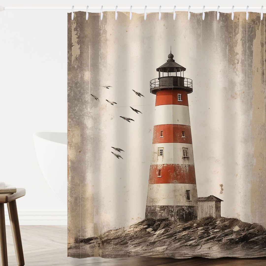 Lighthouse Shower Curtain, Nautical Shower Curtain, Rock Sea Shower ...