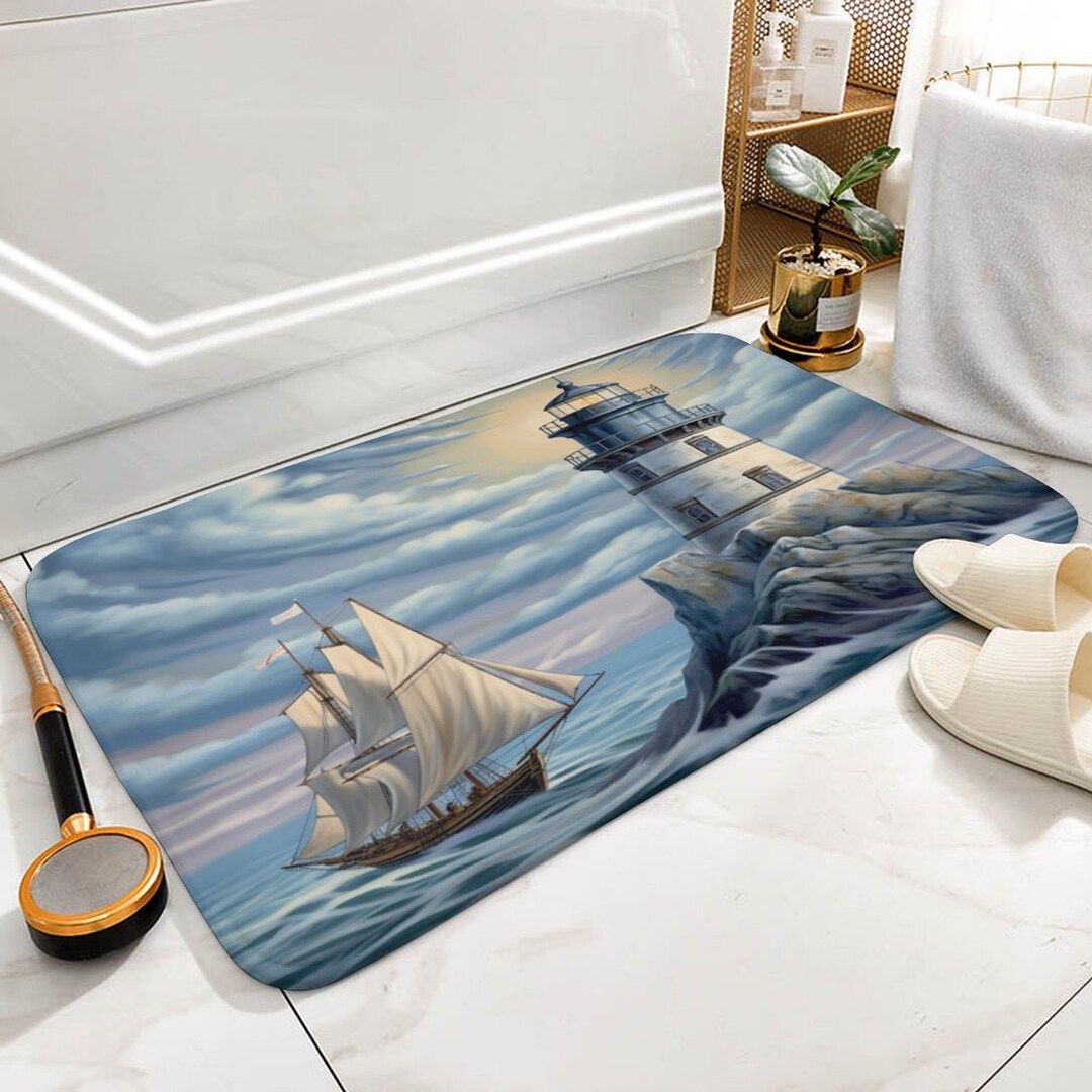 Nautical Bath Mat, Coastal Shower Mat, Lighthouse Floor Mats, Indoor ...