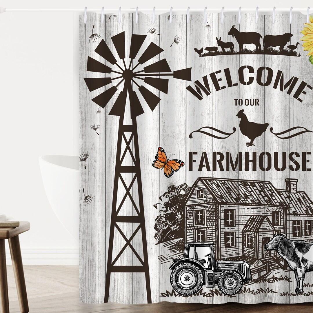 Rustic Windmill Shower Curtain, Farmhouse Cow Barn Door Shower Curtain ...