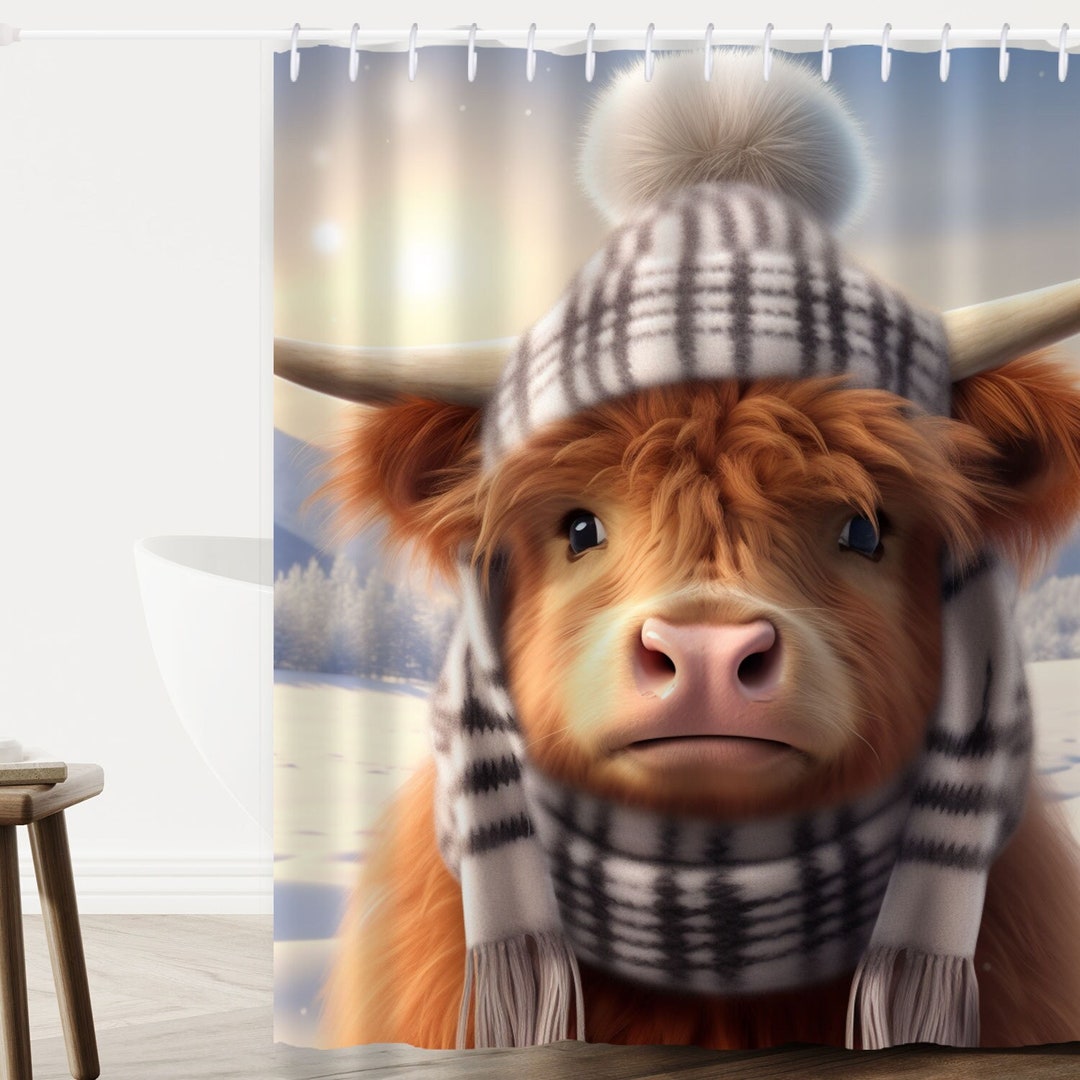 Highland Cow Shower Curtain, Cow Christmas Shower Curtain, Winter ...