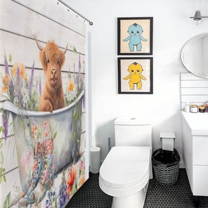 Highland Cow in Bathtub Shower Curtain, Baby Cow Flower Crown Shower ...