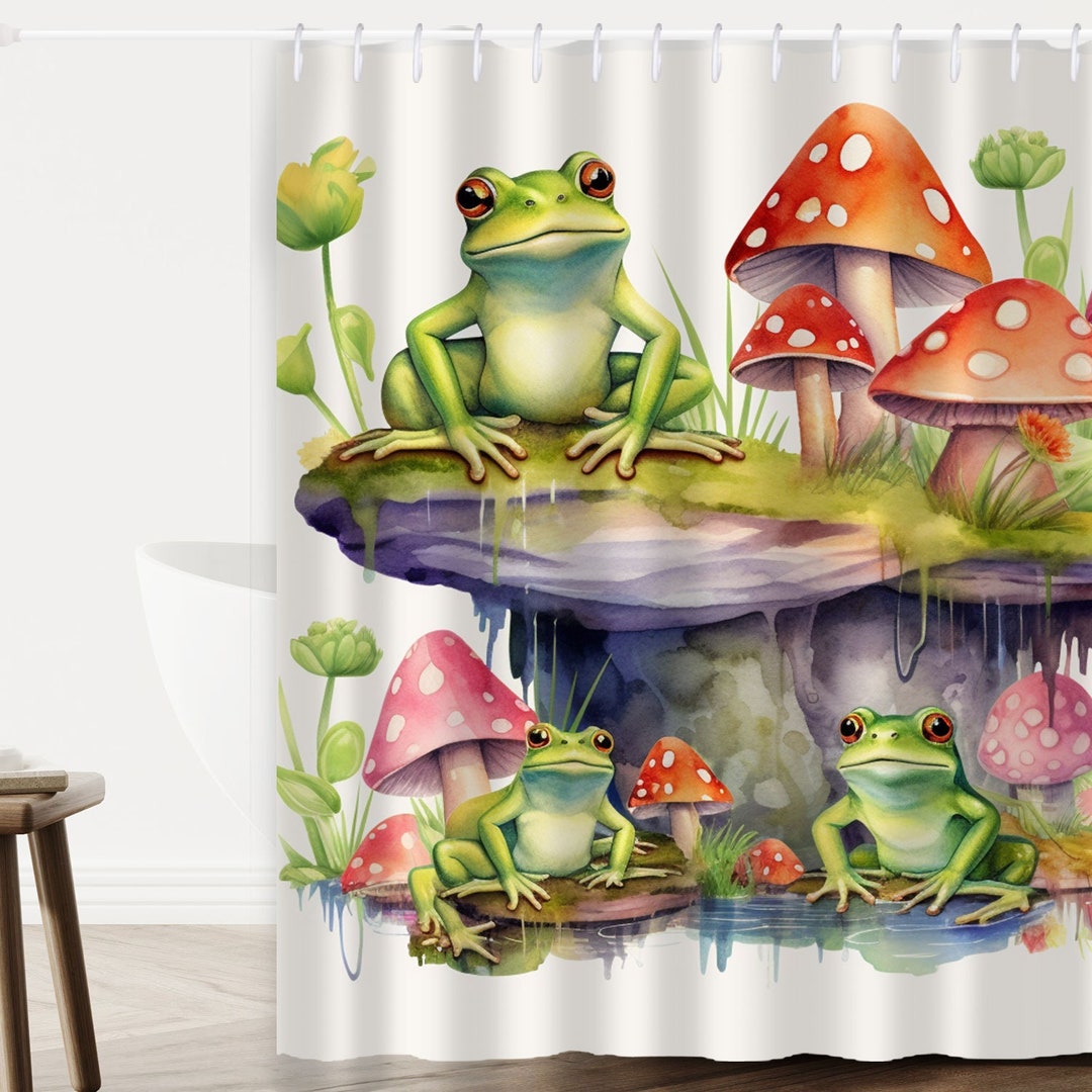 Frog Mushroom Shower Curtain, Watercolor Frog Shower Curtain, Animal ...