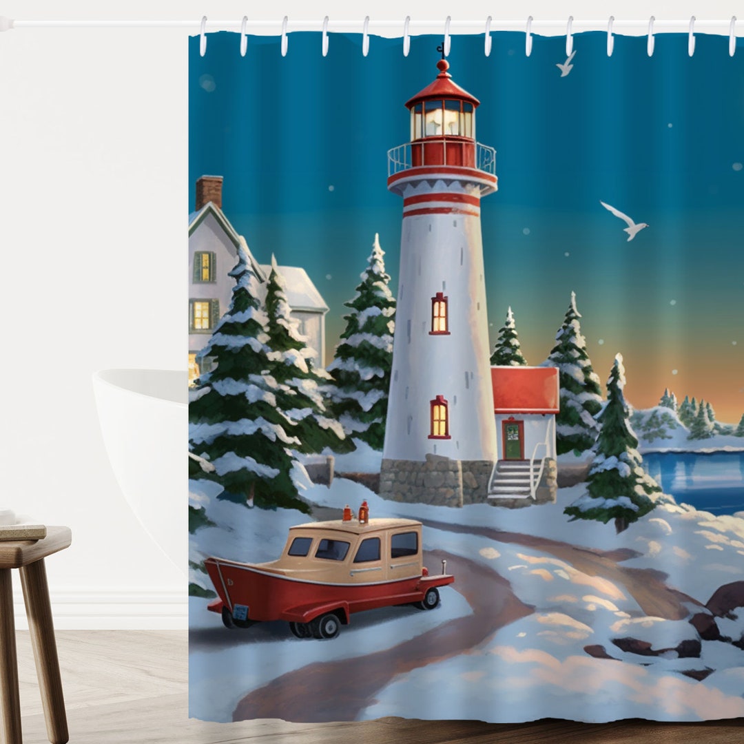 Lighthouse Shower Curtain, Winter Shower Curtain, Christmas Shower ...