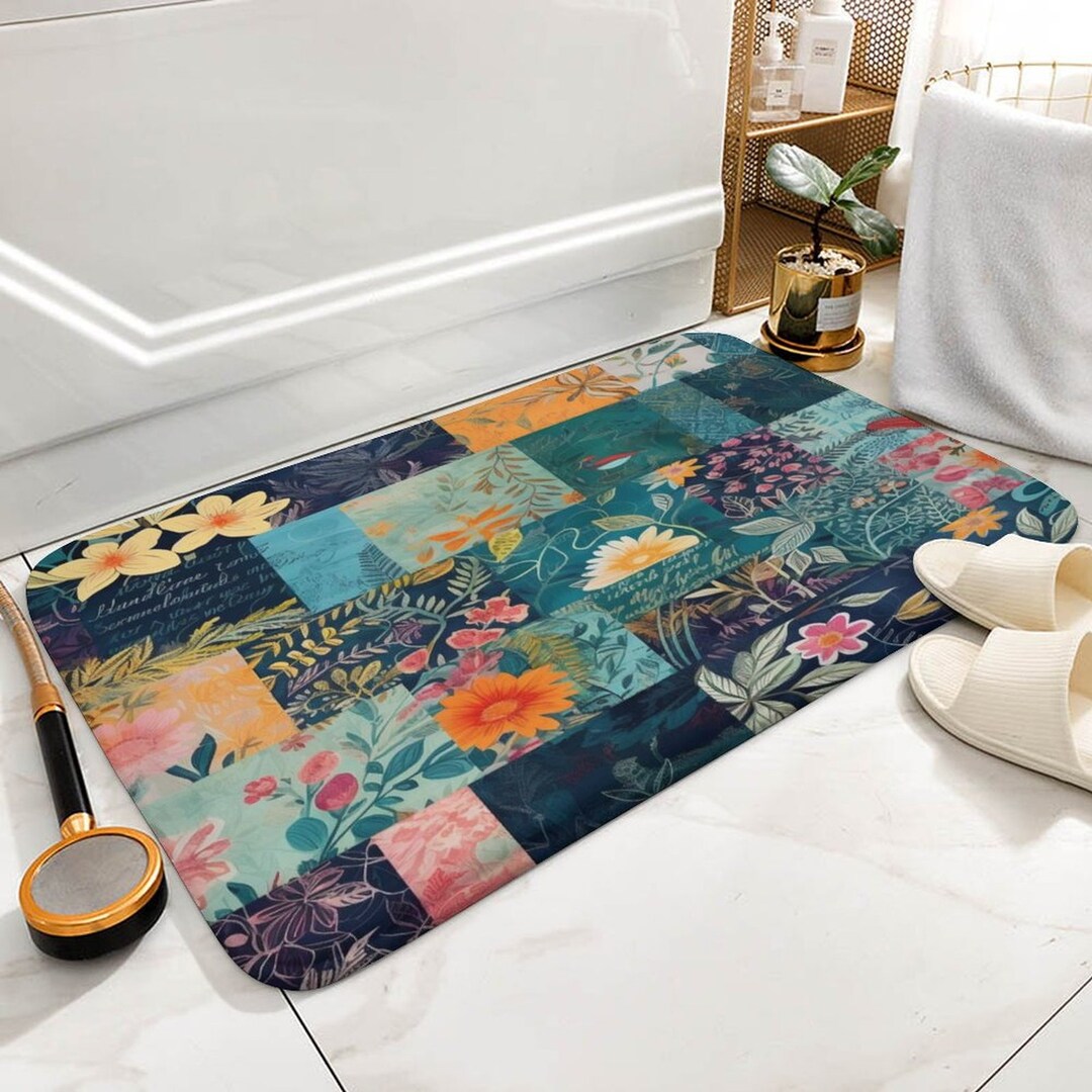 Wildflower Bath Mat, Patchwork Floral Shower Mat, Floor Mats, Indoor ...
