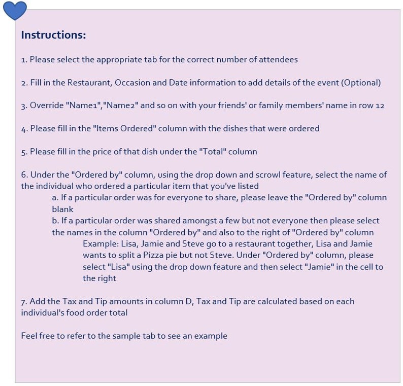 Restaurant Bill Split Spreadsheet | Easy to Use Dining Expense Tracker ...