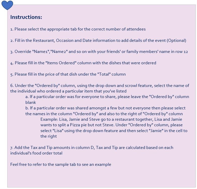 Restaurant Bill Split Spreadsheet | Easy to Use Dining Expense Tracker ...
