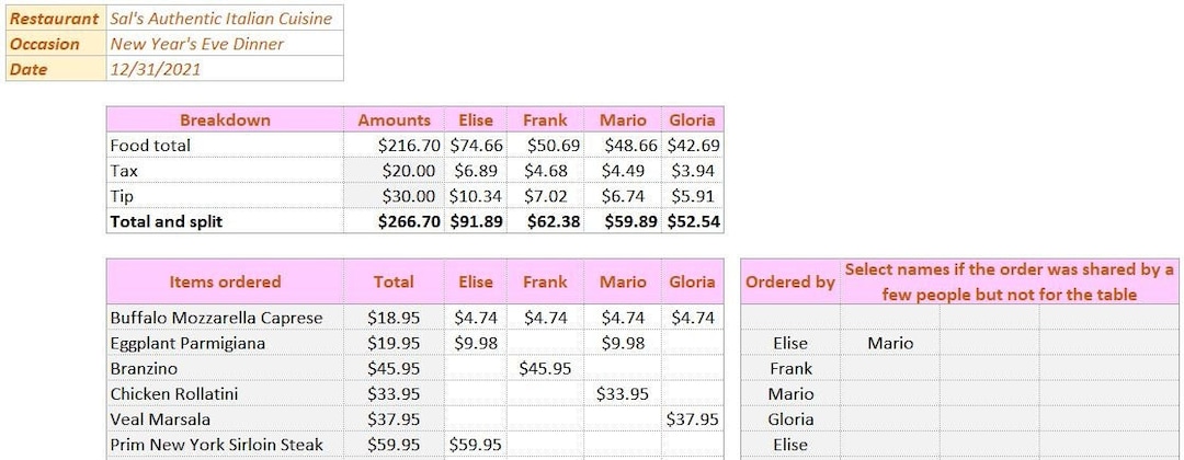 Restaurant Bill Split Spreadsheet | Easy to Use Dining Expense Tracker ...