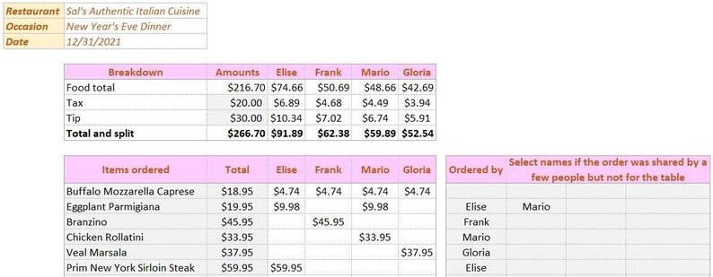 Restaurant Bill Split Spreadsheet | Easy to Use Dining Expense Tracker ...