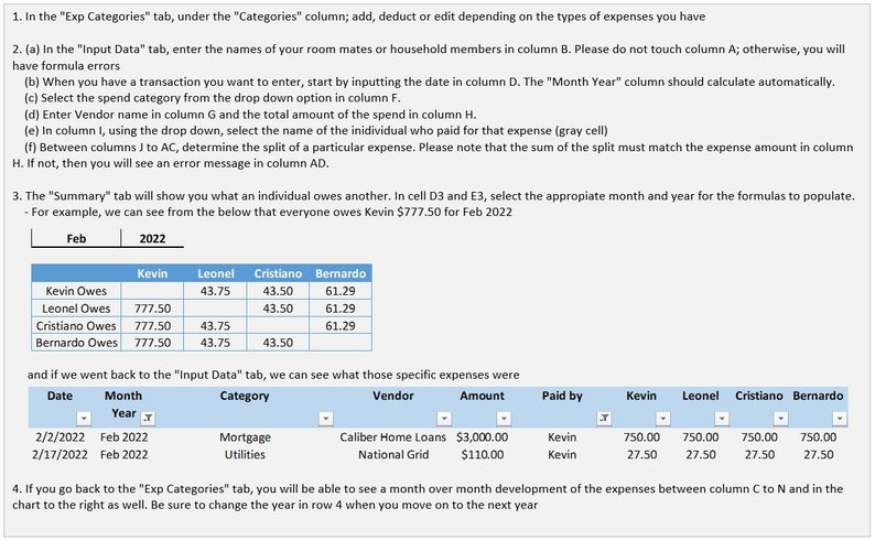 Roommates Couples and Household Expense Split Spreadsheet by Month ...