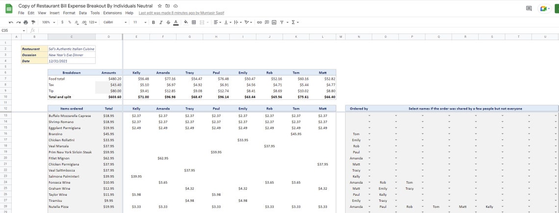Restaurant Bill Split Spreadsheet | Easy to Use Dining Expense Tracker ...