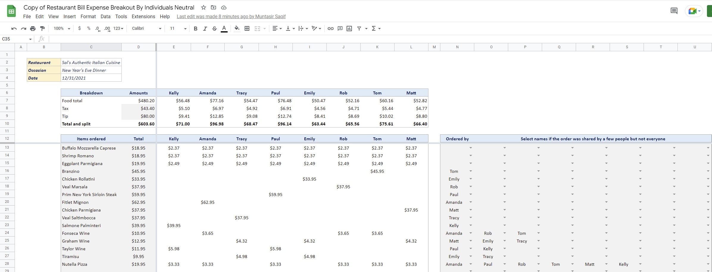 Restaurant Bill Split Spreadsheet | Easy to Use Dining Expense Tracker ...