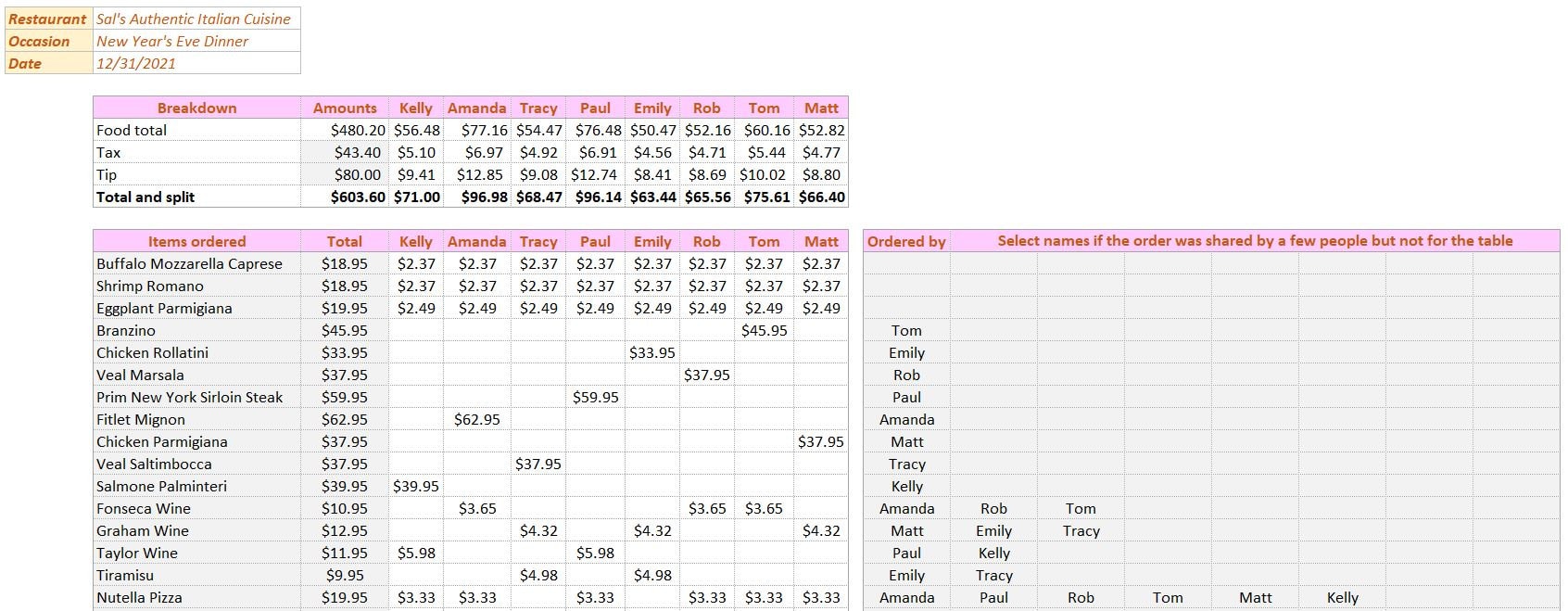 Restaurant Bill Split Spreadsheet | Easy to Use Dining Expense Tracker ...