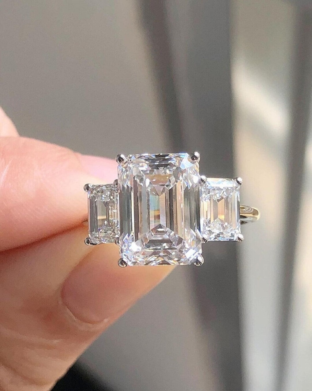 14K Gold Three Stone Emerald Cut Rings, Emerald Cut Moissanite Three ...