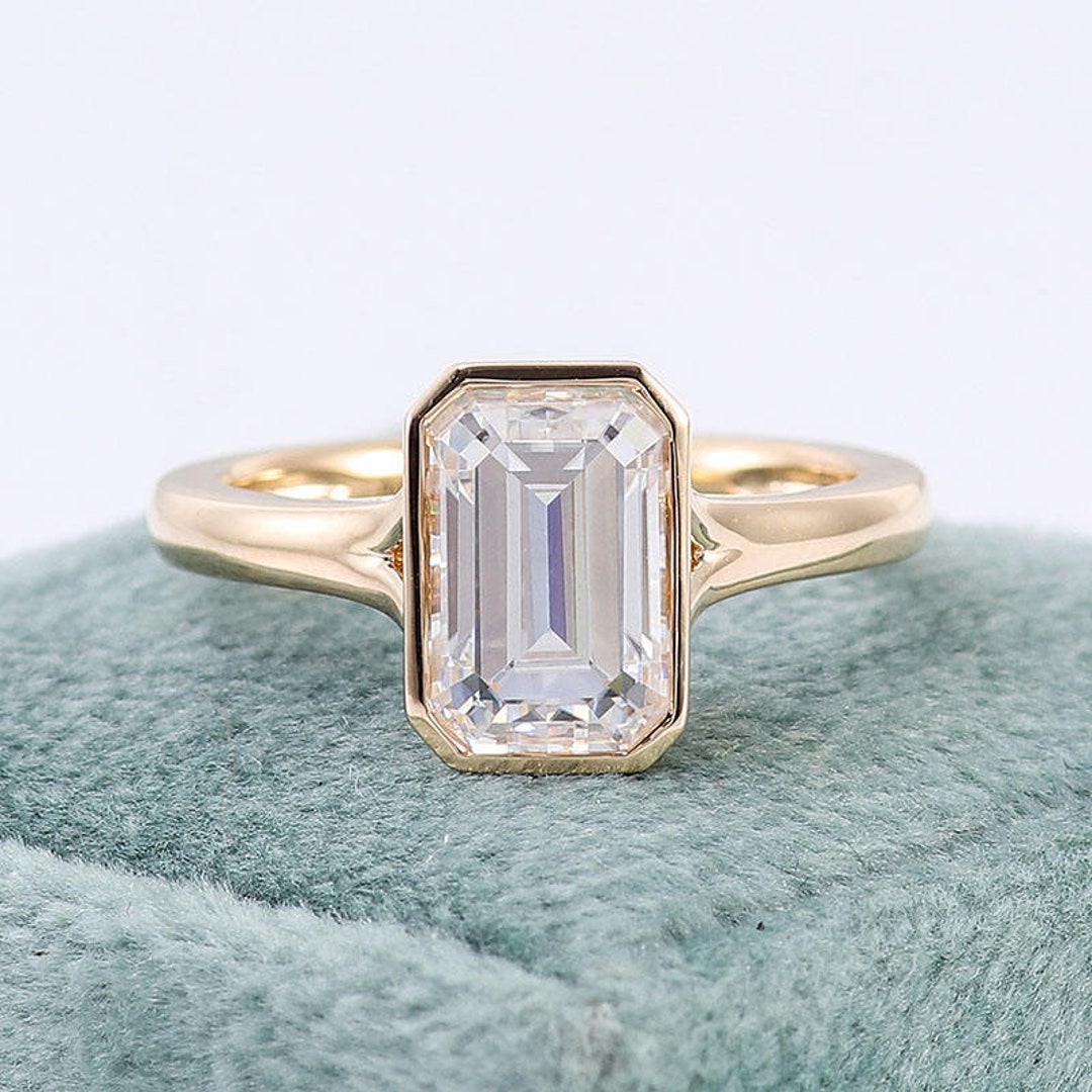 3 Carat Emerald 14K Yellow Gold Engagement Ring Emerald Cut Moissanite ...