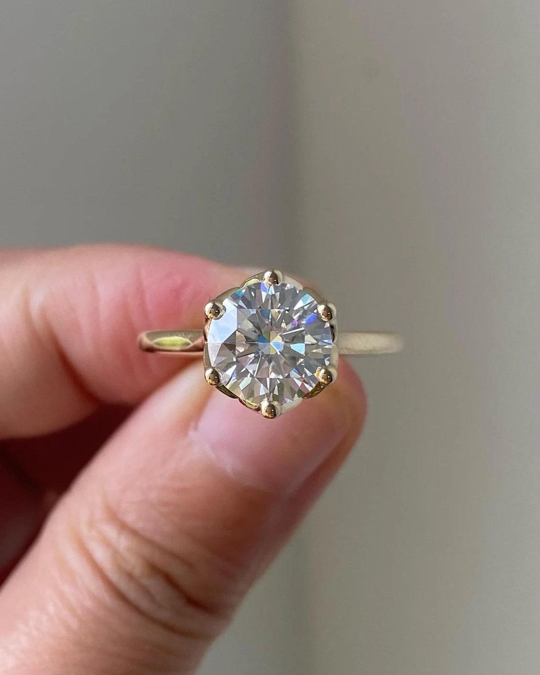 Round Cut Moissanite Tulip Prong Ring, 14K Solid Gold Fancy Prong Set ...