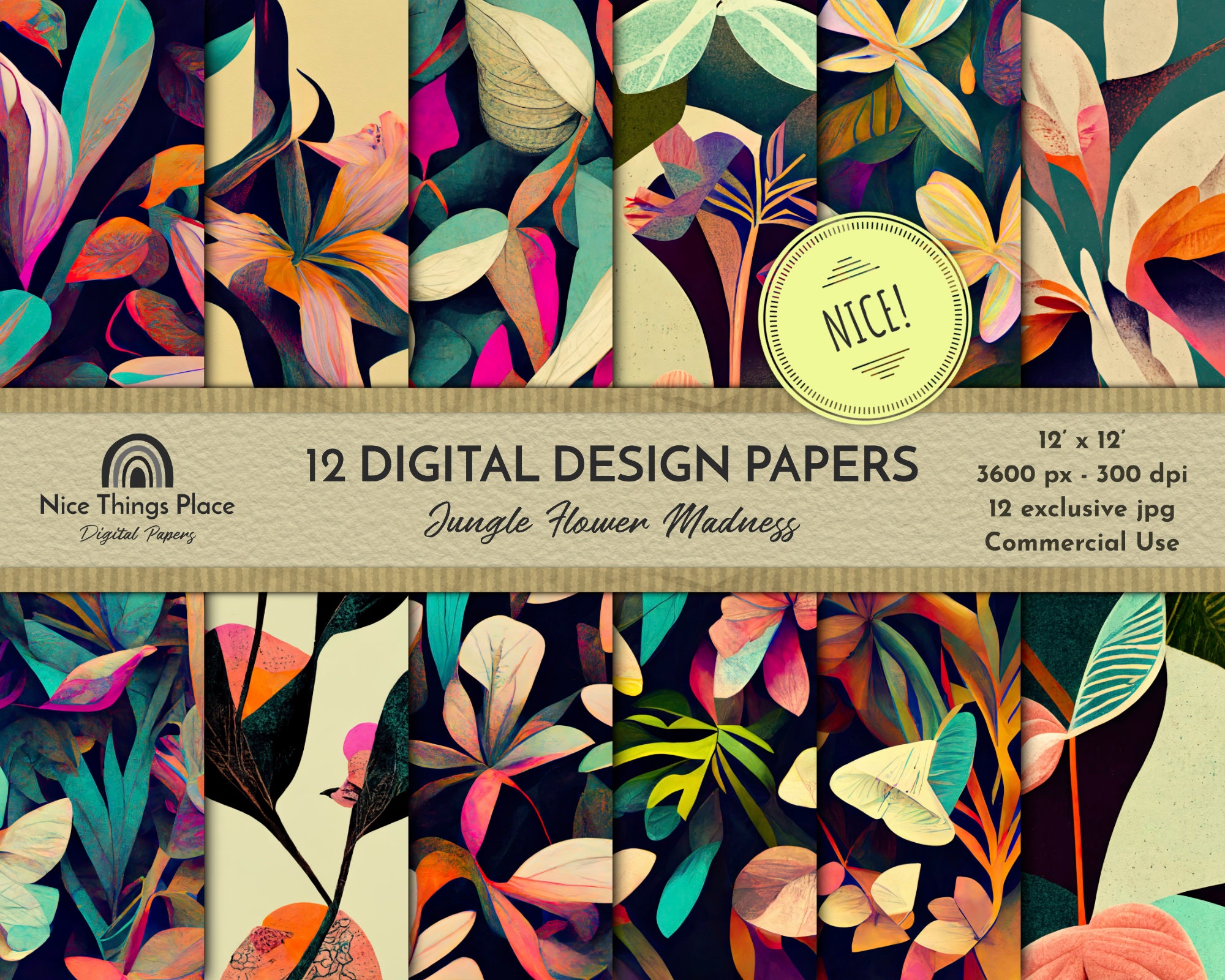 12 Flower Boho Digital Papers, Printable Scrapbook Paper, Commercial ...