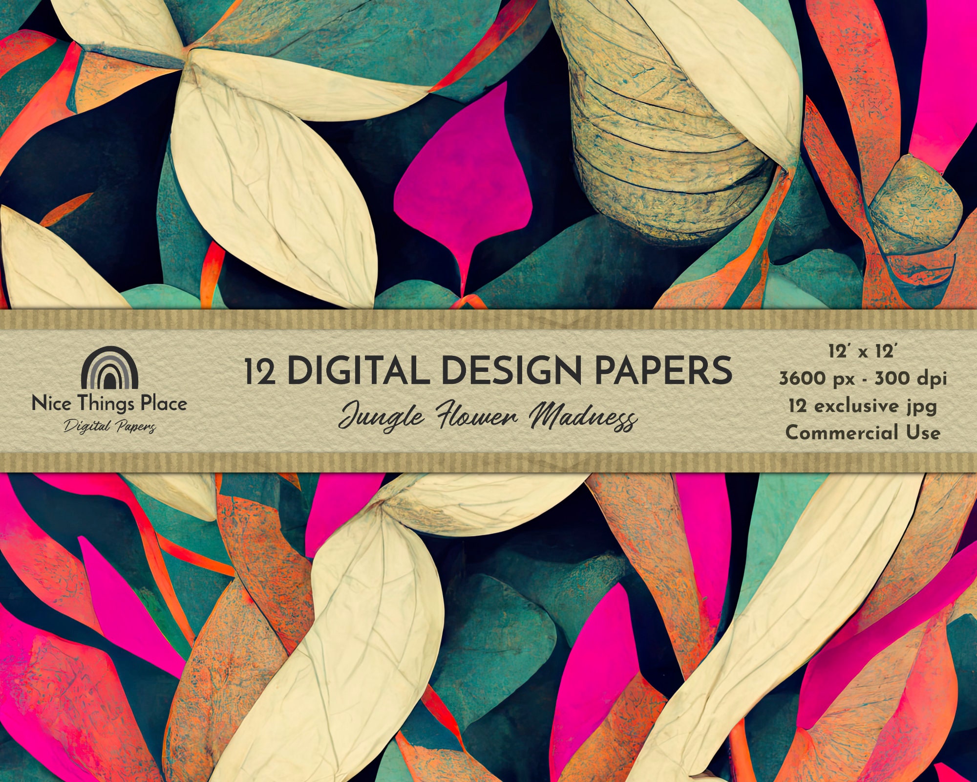 12 Flower Boho Digital Papers, Printable Scrapbook Paper, Commercial ...