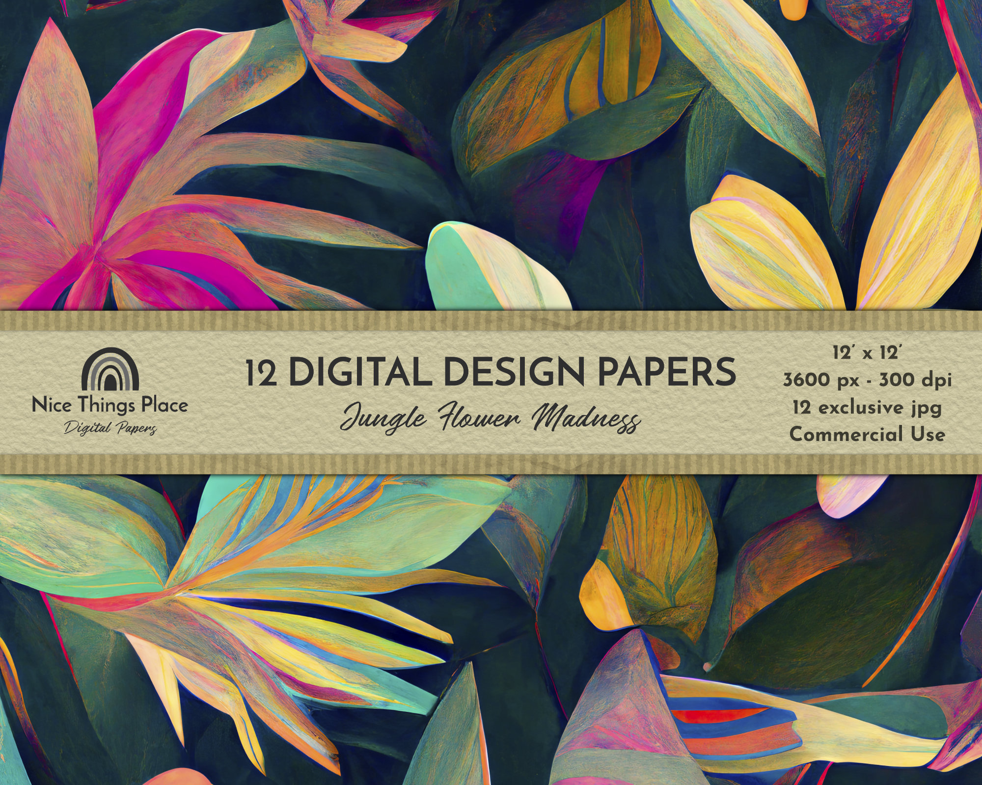 12 Flower Boho Digital Papers, Printable Scrapbook Paper, Commercial ...