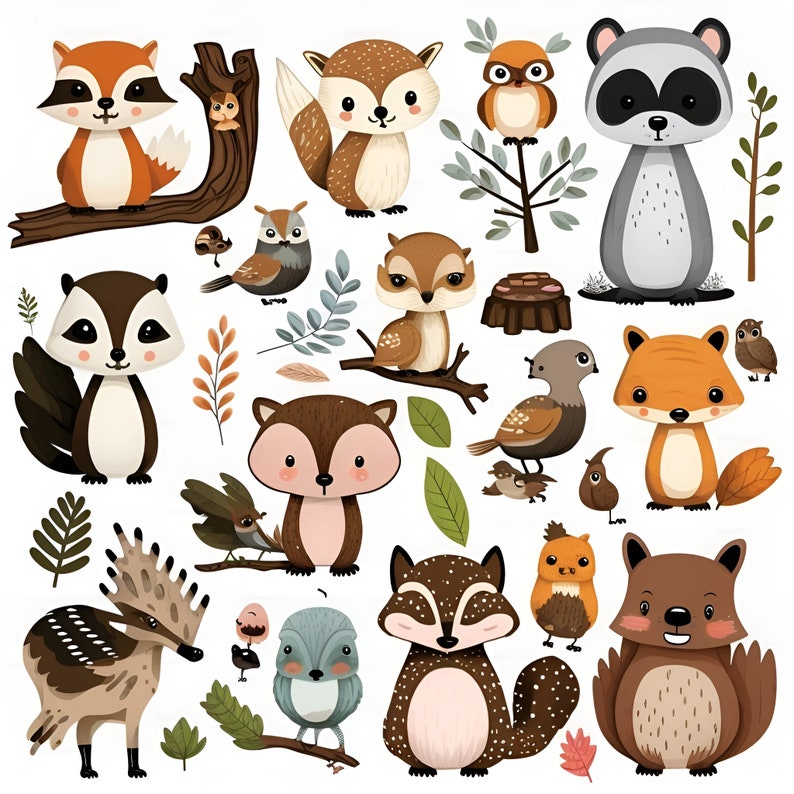 Cute Woodland Animals - Clip Art & Digital Paper Set - 50 PNG Images ...