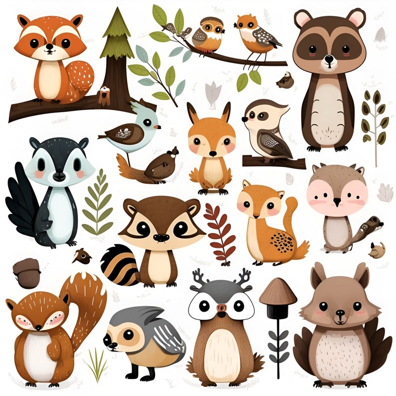 Cute Woodland Animals - Clip Art & Digital Paper Set - 50 PNG Images ...