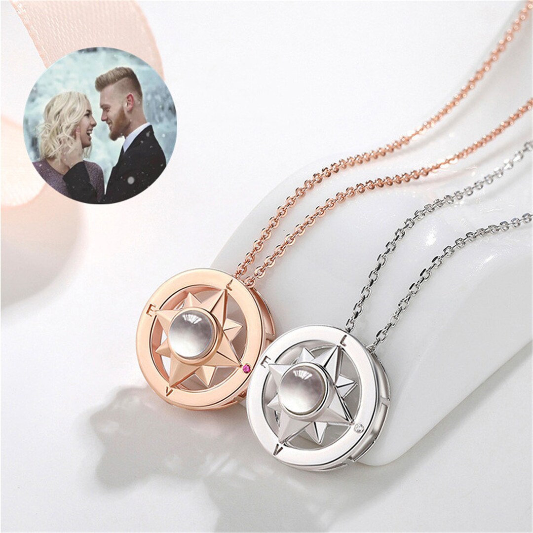 Sterling Silver Compass Projection Photo Necklace ,custom Memorial ...