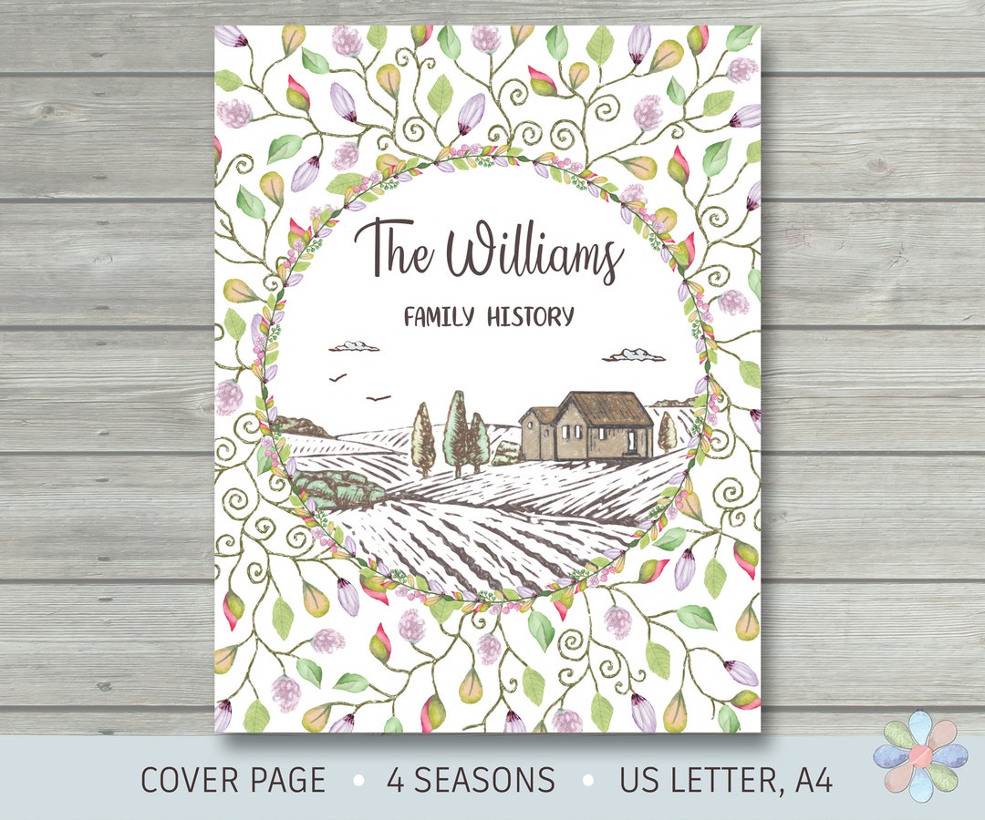Family Tree Notebook Cover Page: Leafy Ornament With House on Fields ...