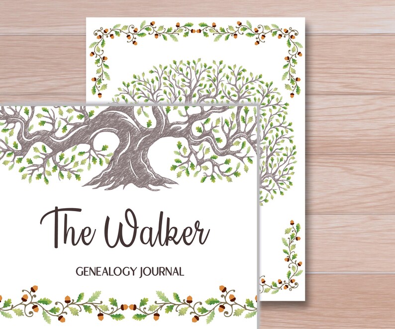Family Tree Notebook Cover Page: Oak Green Tree With Leafy Border Walki ...