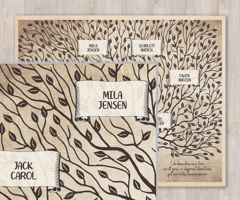 Family Tree Template for 3 Generations. Old Branched Leafy Genealogy ...