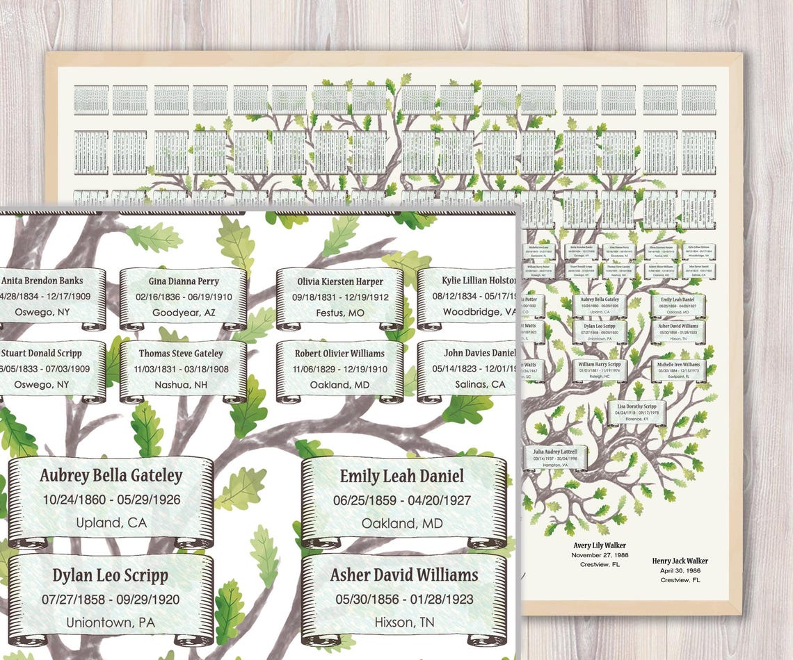 9 Generations Family Tree Template: Green Oak Curved Trunk Walki ...