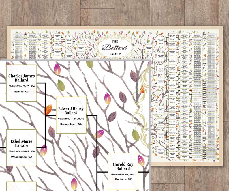 8 Generations Family Tree Template: Old Leafy Branched Trees Balli ...