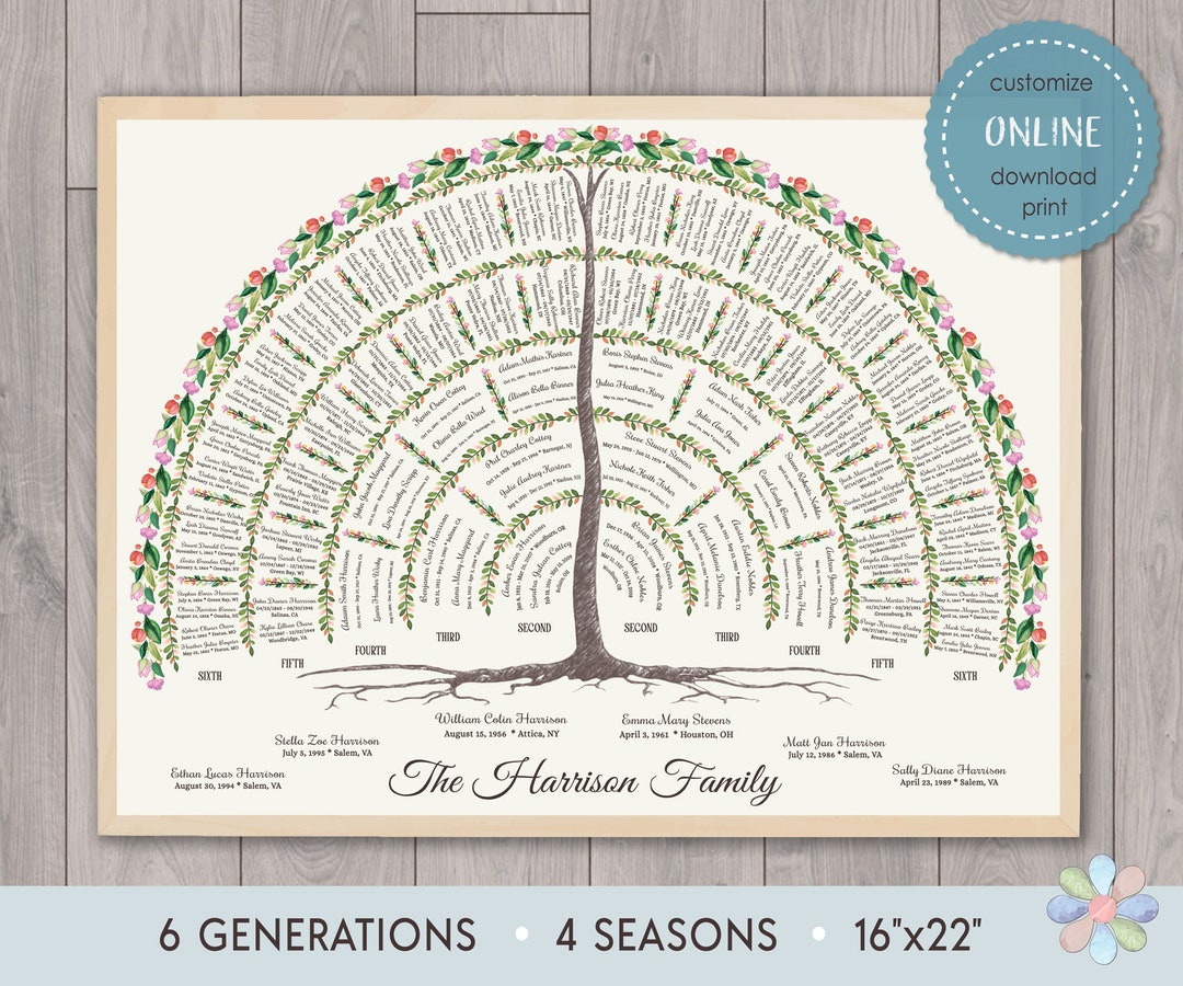 Family Tree Chart for 6 Generations. Tree With Roots Harri - Etsy
