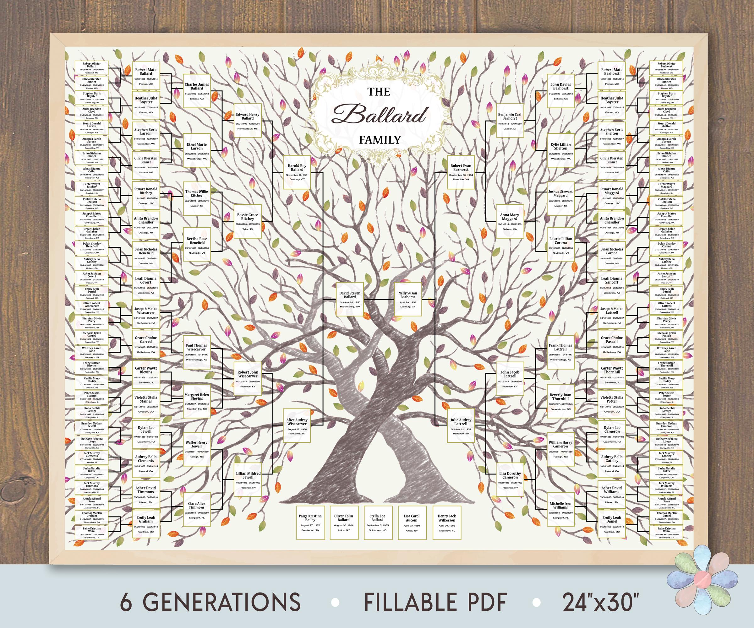 6 Generations Family Tree Template: Old Leafy Branched Trees Balli ...