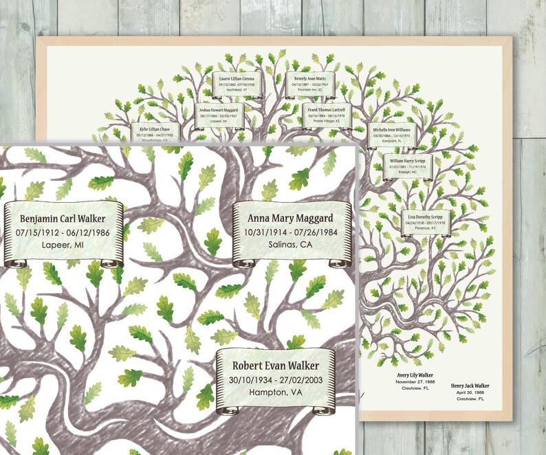 Family Tree Template for 4 Generations. Green Old Oak Tree Curved Trunk ...