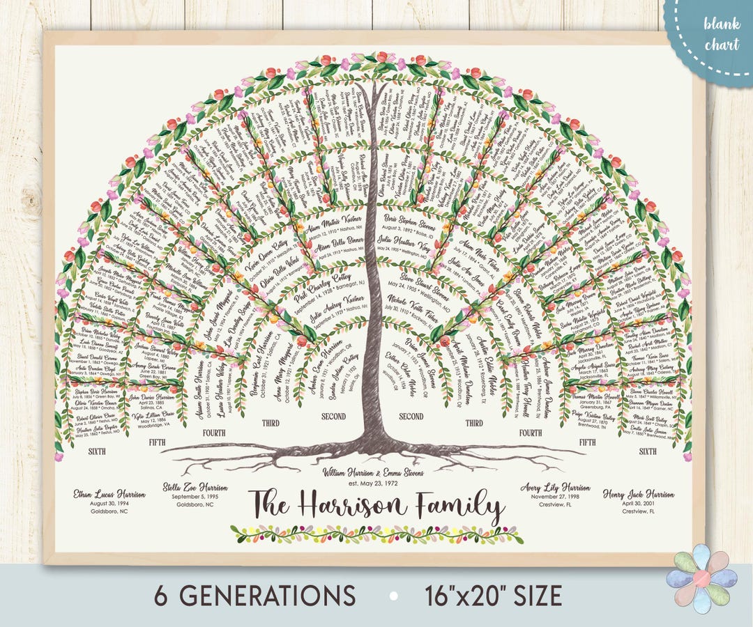 6 Generations Watercolor Family Tree: Centered Tree With Roots Summer ...