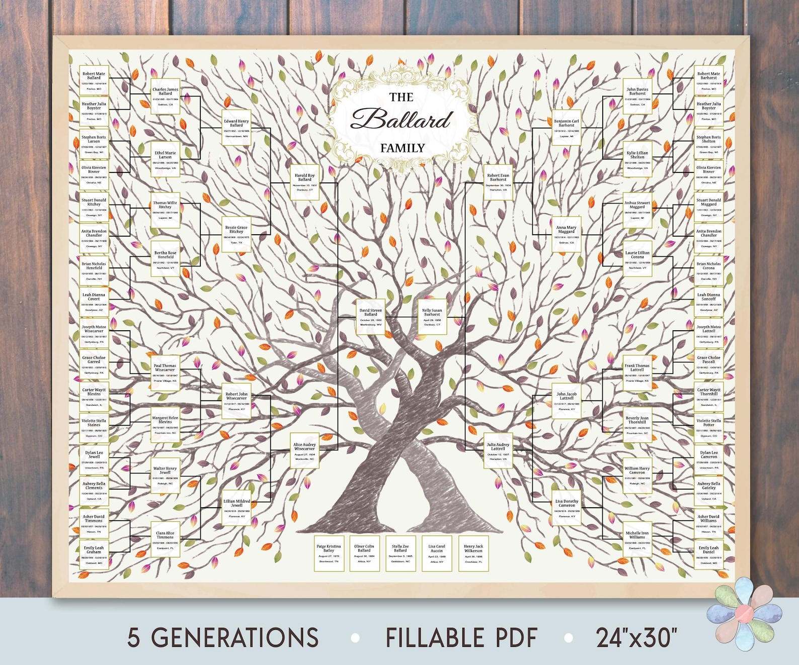Family Tree Template for 5 Generations. Couple Old Leafy Branched Trees ...