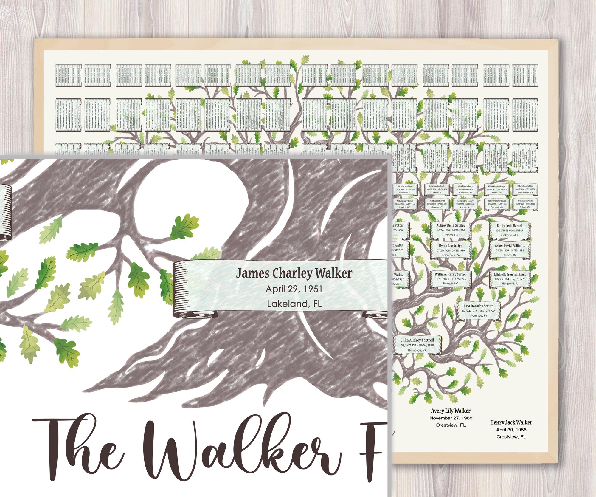 9 Generations Family Tree Template: Green Oak Curved Trunk Walki ...